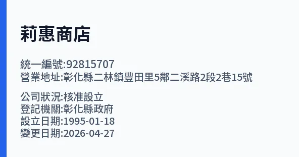 莉惠商店的照片-統編 92815707(彰化縣) 公司登記資料與營業項目詳細圖表