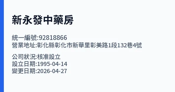 新永發中藥房的照片-統編 92818866(彰化縣) 公司登記資料與營業項目詳細圖表