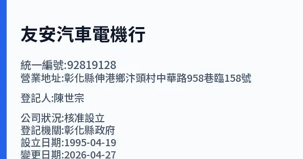 友安汽車電機行的照片-統編 92819128(彰化縣) 公司登記資料與營業項目詳細圖表