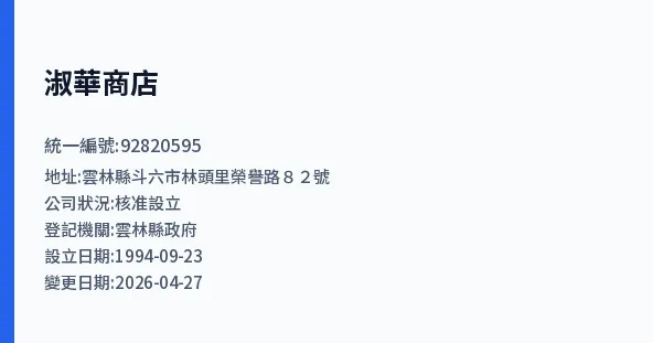 淑華商店的照片-統編 92820595(雲林縣) 公司登記資料與營業項目詳細圖表