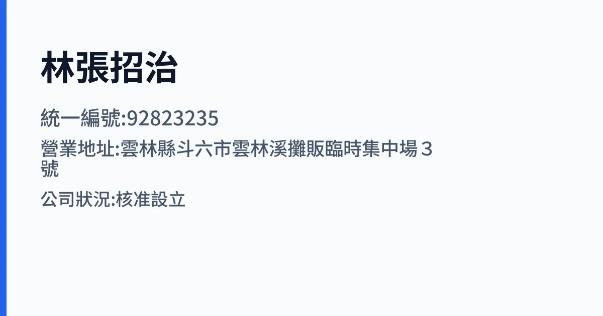 林張招治 - 統編 92823235(雲林縣) 公司登記資料與營業項目詳細圖表