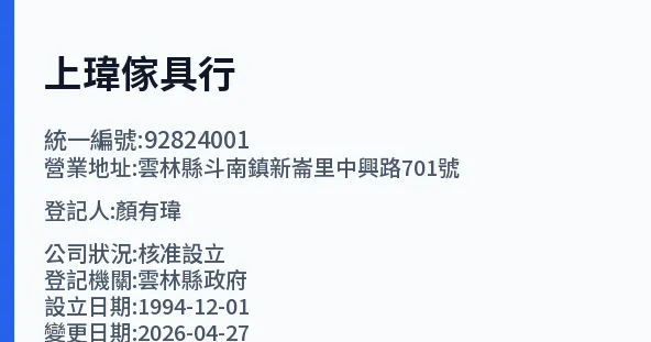 上瑋傢具行的照片-統編 92824001(雲林縣) 公司登記資料與營業項目詳細圖表