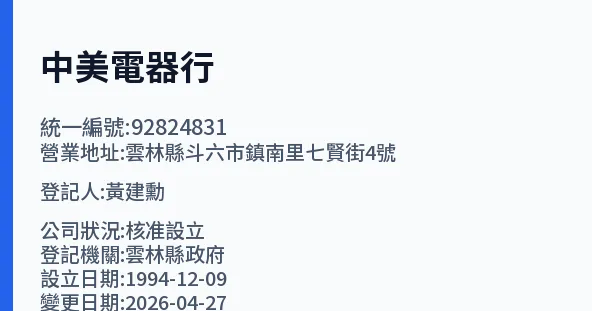 中美電器行的照片-統編 92824831(雲林縣) 公司登記資料與營業項目詳細圖表