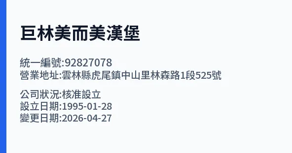 巨林美而美漢堡的照片-統編 92827078(雲林縣) 公司登記資料與營業項目詳細圖表