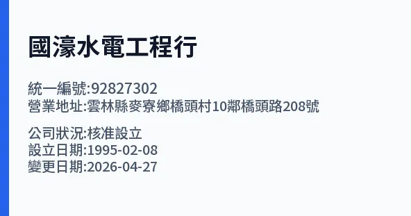 國濠水電工程行的照片-統編 92827302(雲林縣) 公司登記資料與營業項目詳細圖表