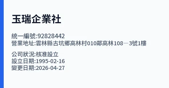 玉瑞企業社的照片-統編 92828442(雲林縣) 公司登記資料與營業項目詳細圖表