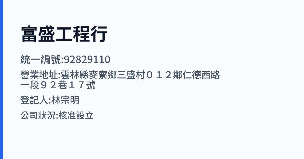 富盛工程行 - 統編 92829110(雲林縣) 公司登記資料與營業項目詳細圖表