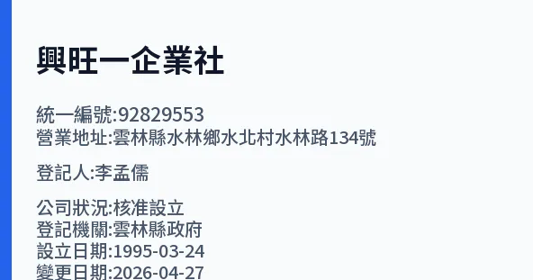 興旺一企業社的照片-統編 92829553(雲林縣) 公司登記資料與營業項目詳細圖表