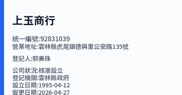 上玉商行的照片-統編 92831039(雲林縣) 公司登記資料與營業項目詳細圖表
