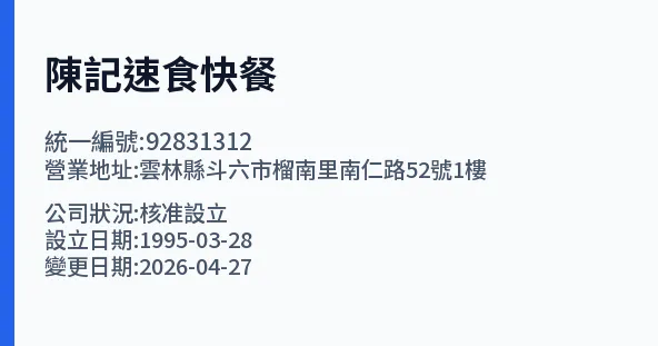 陳記速食快餐的照片-統編 92831312(雲林縣) 公司登記資料與營業項目詳細圖表
