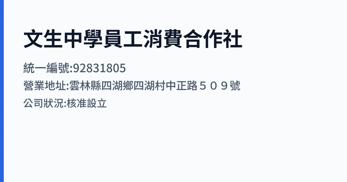 文生中學員工消費合作社 - 統編 92831805(雲林縣) 公司登記資料與營業項目詳細圖表