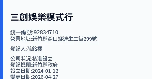 三創娛樂模式行的照片-統編 92834710(新竹縣) 公司登記資料與營業項目詳細圖表
