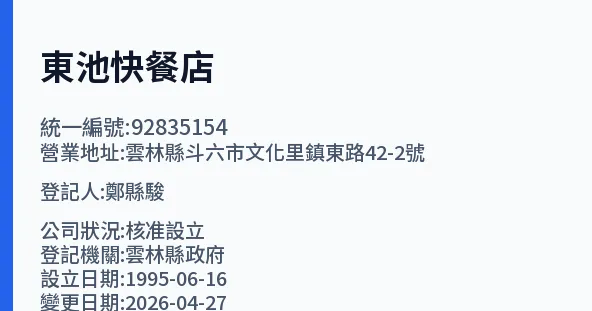 東池快餐店的照片-統編 92835154(雲林縣) 公司登記資料與營業項目詳細圖表
