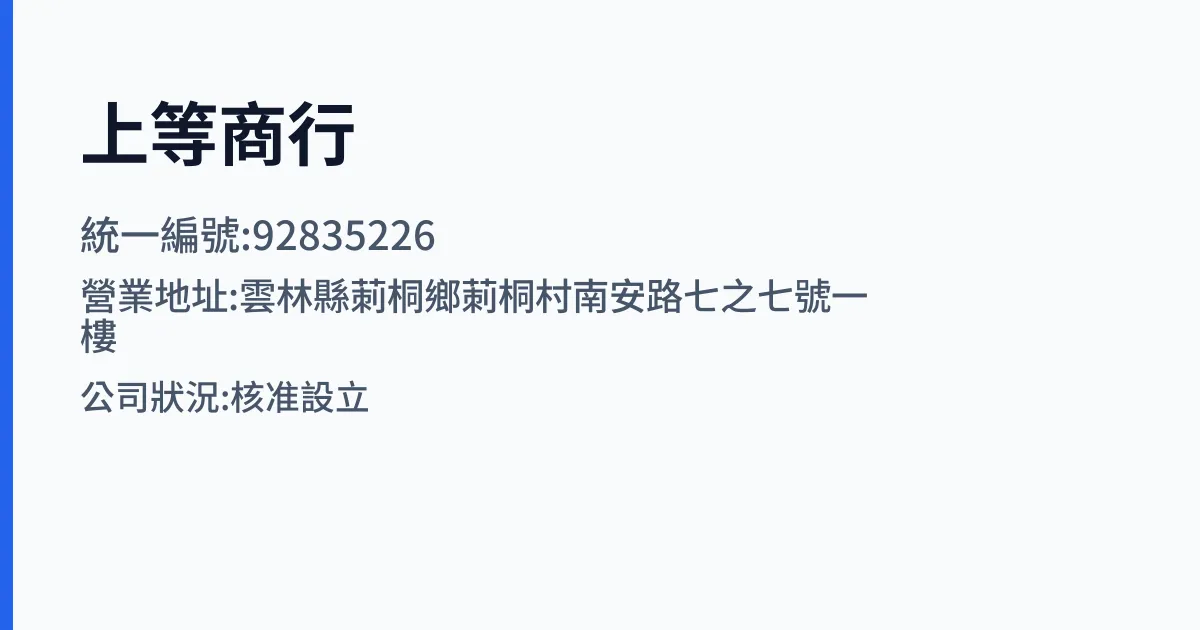上等商行 - 統編 92835226(雲林縣) 公司登記資料與營業項目詳細圖表
