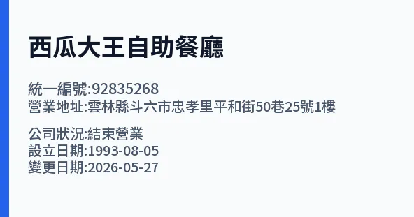 西瓜大王自助餐廳的照片-統編 92835268(雲林縣) 公司登記資料與營業項目詳細圖表