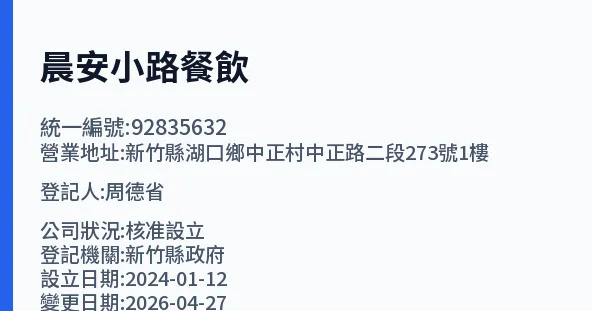 晨安小路餐飲的照片-統編 92835632(新竹縣) 公司登記資料與營業項目詳細圖表