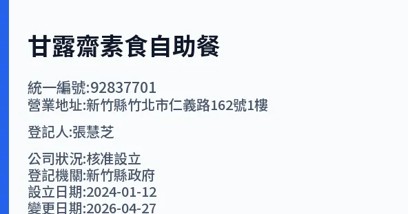 甘露齋素食自助餐的照片-統編 92837701(新竹縣) 公司登記資料與營業項目詳細圖表