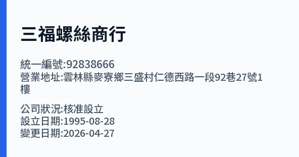 三福螺絲商行的照片-統編 92838666(雲林縣) 公司登記資料與營業項目詳細圖表