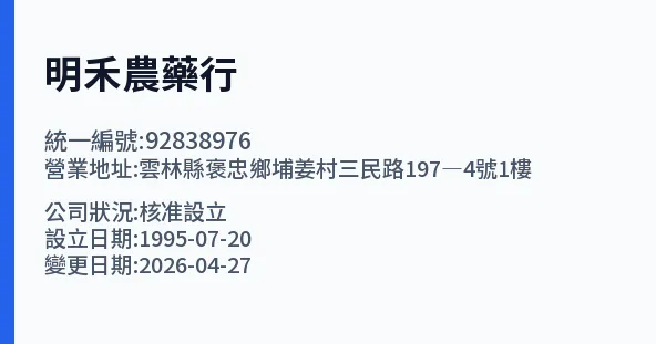 明禾農藥行的照片-統編 92838976(雲林縣) 公司登記資料與營業項目詳細圖表