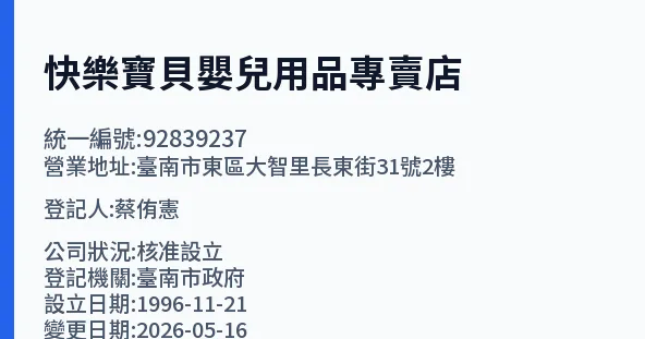 快樂寶貝嬰兒用品專賣店的照片-統編 92839237(臺南市) 公司登記資料與營業項目詳細圖表