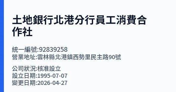 土地銀行北港分行員工消費合作社的照片-統編 92839258(雲林縣) 公司登記資料與營業項目詳細圖表