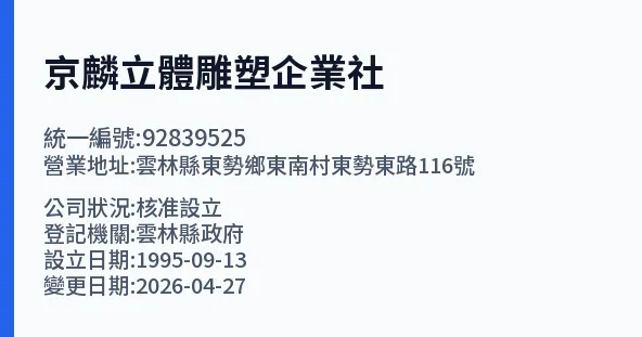 京麟立體雕塑企業社的照片-統編 92839525(雲林縣) 公司登記資料與營業項目詳細圖表
