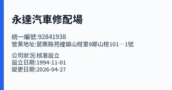 永達汽車修配場的照片-統編 92841938(苗栗縣) 公司登記資料與營業項目詳細圖表