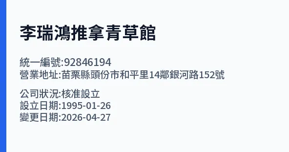 李瑞鴻推拿青草館的照片-統編 92846194(苗栗縣) 公司登記資料與營業項目詳細圖表