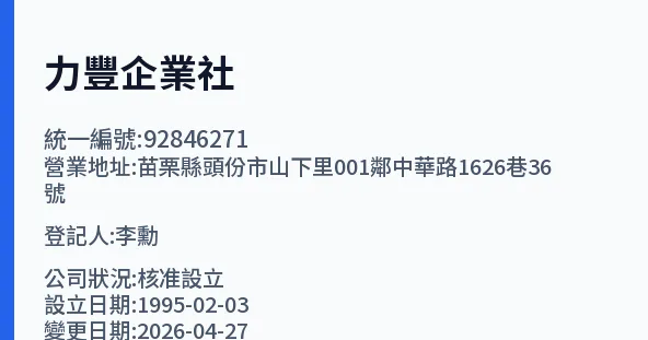 力豐企業社的照片-統編 92846271(苗栗縣) 公司登記資料與營業項目詳細圖表