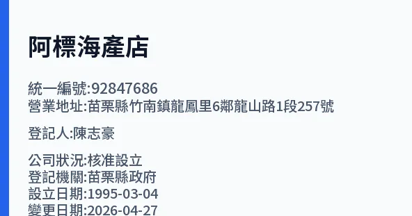 阿標海產店的照片-統編 92847686(苗栗縣) 公司登記資料與營業項目詳細圖表