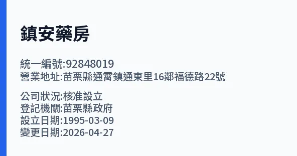 鎮安藥房的照片-統編 92848019(苗栗縣) 公司登記資料與營業項目詳細圖表