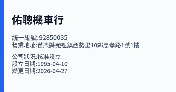佑聰機車行的照片-統編 92850035(苗栗縣) 公司登記資料與營業項目詳細圖表
