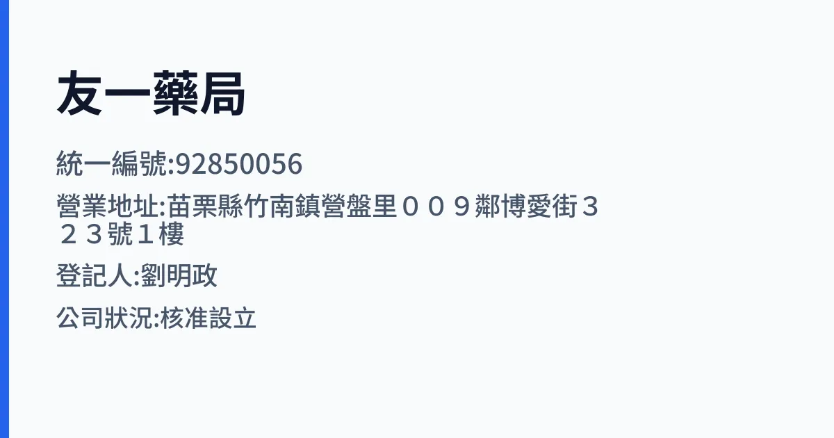 友一藥局 - 統編 92850056(苗栗縣) 公司登記資料與營業項目詳細圖表