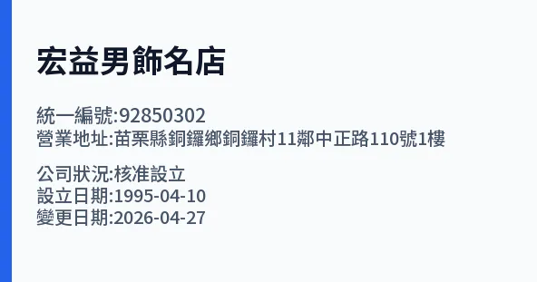 宏益男飾名店的照片-統編 92850302(苗栗縣) 公司登記資料與營業項目詳細圖表
