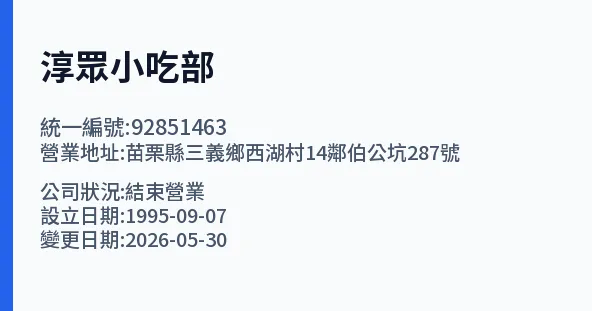 淳眾小吃部的照片-統編 92851463(苗栗縣) 公司登記資料與營業項目詳細圖表