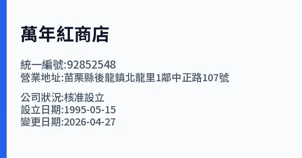 萬年紅商店的照片-統編 92852548(苗栗縣) 公司登記資料與營業項目詳細圖表