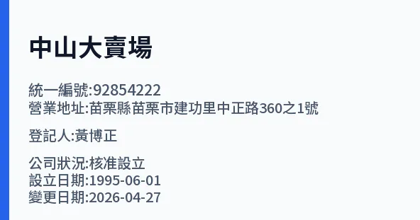 中山大賣場的照片-統編 92854222(苗栗縣) 公司登記資料與營業項目詳細圖表