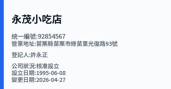 永茂小吃店的照片-統編 92854567(苗栗縣) 公司登記資料與營業項目詳細圖表