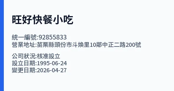 旺好快餐小吃的照片-統編 92855833(苗栗縣) 公司登記資料與營業項目詳細圖表