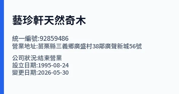 藝珍軒天然奇木的照片-統編 92859486(苗栗縣) 公司登記資料與營業項目詳細圖表