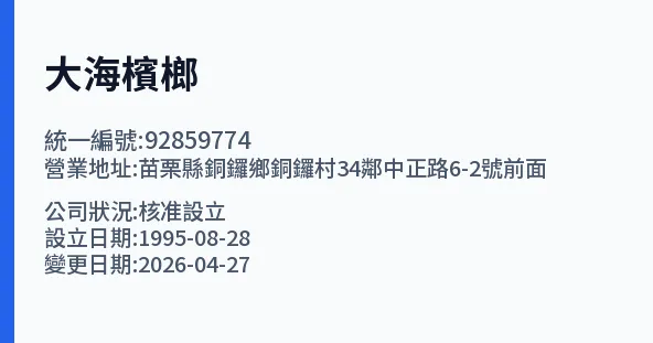 大海檳榔的照片-統編 92859774(苗栗縣) 公司登記資料與營業項目詳細圖表