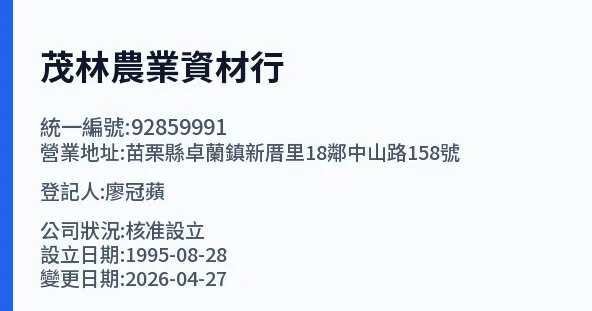茂林農業資材行的照片-統編 92859991(苗栗縣) 公司登記資料與營業項目詳細圖表