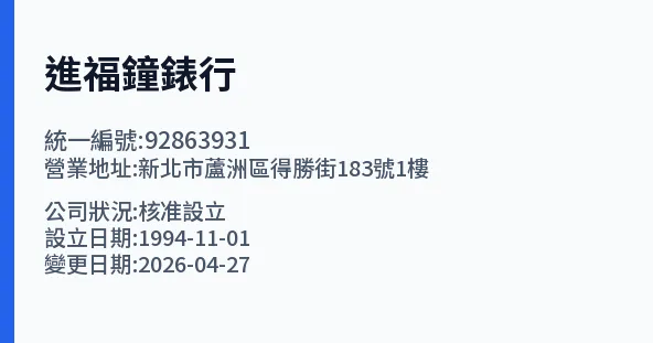 進福鐘錶行的照片-統編 92863931(新北市) 公司登記資料與營業項目詳細圖表