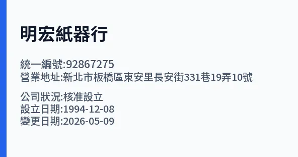 明宏紙器行的照片-統編 92867275(新北市) 公司登記資料與營業項目詳細圖表