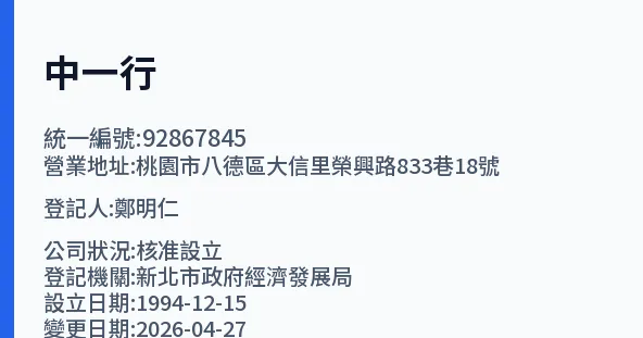中一行的照片-統編 92867845(桃園市) 公司登記資料與營業項目詳細圖表