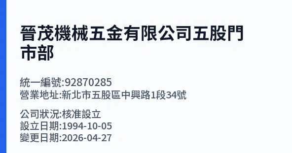 晉茂機械五金有限公司五股門市部的照片-統編 92870285(新北市) 公司登記資料與營業項目詳細圖表