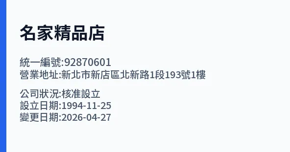 名家精品店的照片-統編 92870601(新北市) 公司登記資料與營業項目詳細圖表
