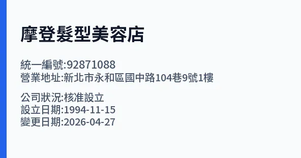 摩登髮型美容店的照片-統編 92871088(新北市) 公司登記資料與營業項目詳細圖表