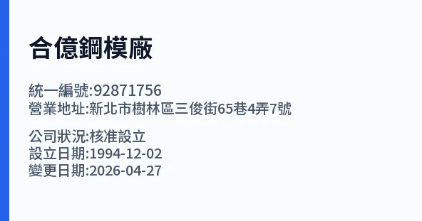 合億鋼模廠的照片-統編 92871756(新北市) 公司登記資料與營業項目詳細圖表
