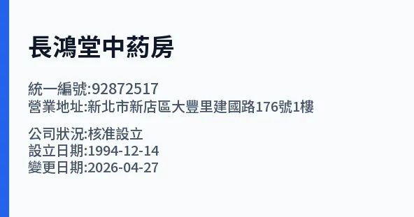 長鴻堂中葯房的照片-統編 92872517(新北市) 公司登記資料與營業項目詳細圖表